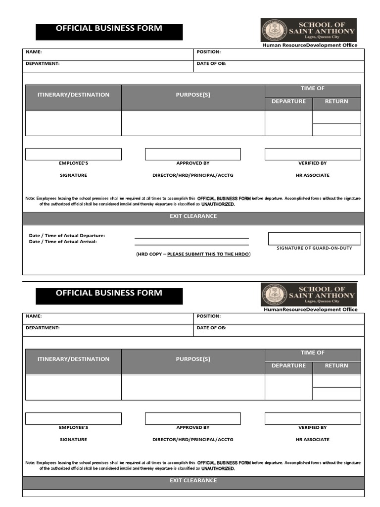Official Business Form: Itinerary/Destination Purpose (S) Time of ...