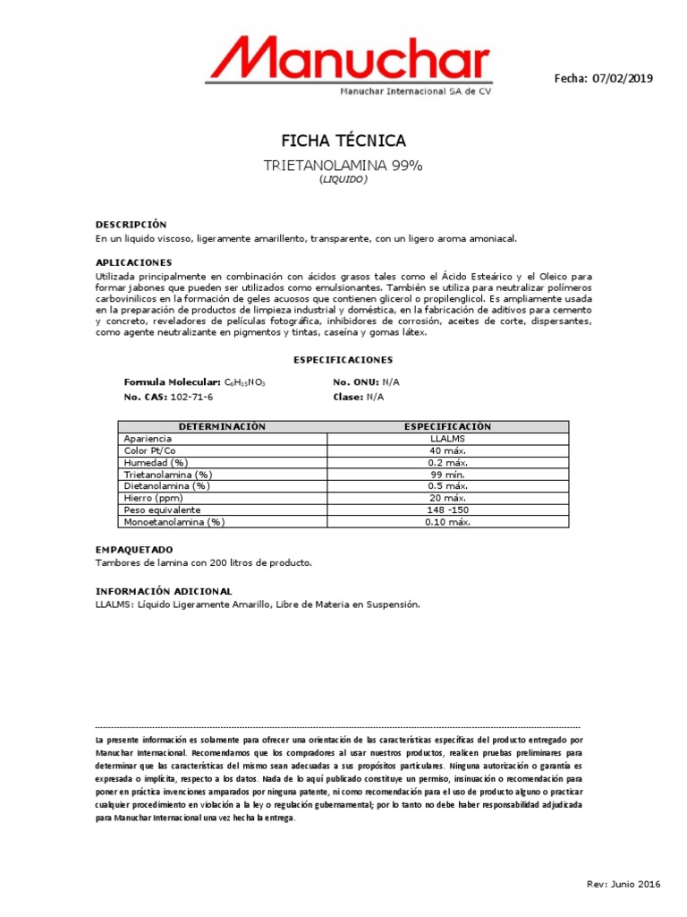 Ficha-Tecnica-Trietanolamina-99-Alveg 2 | PDF | Compuestos químicos ...