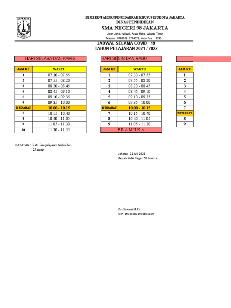 JADWAL PELAJARAN SMA 98 JAKARTA 2122 SHARE | PDF