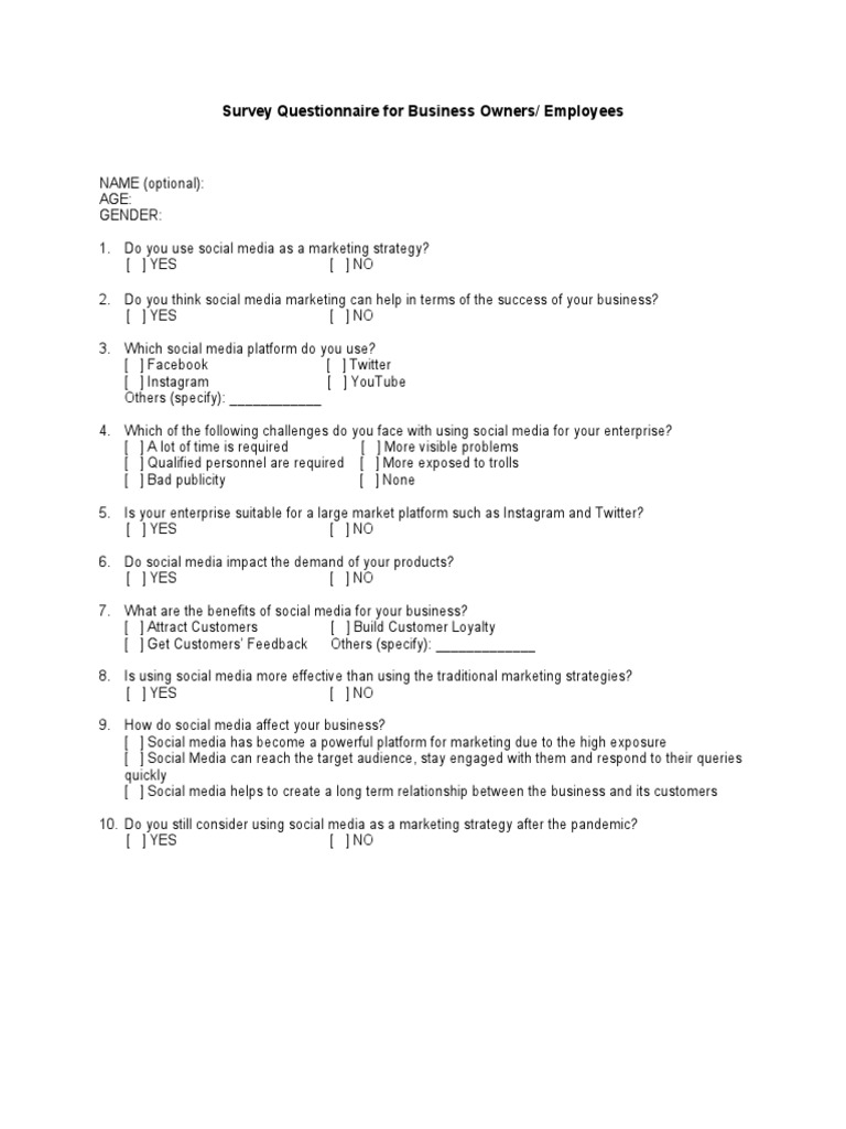Survey Questionnaire For Business Owners/ Employees | PDF | Social ...