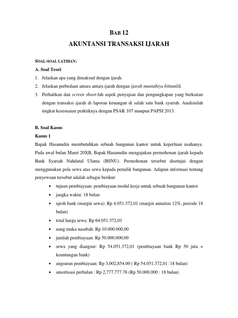 Bab 12 - Akuntansi Transaksi Ijarah - Tugas | PDF