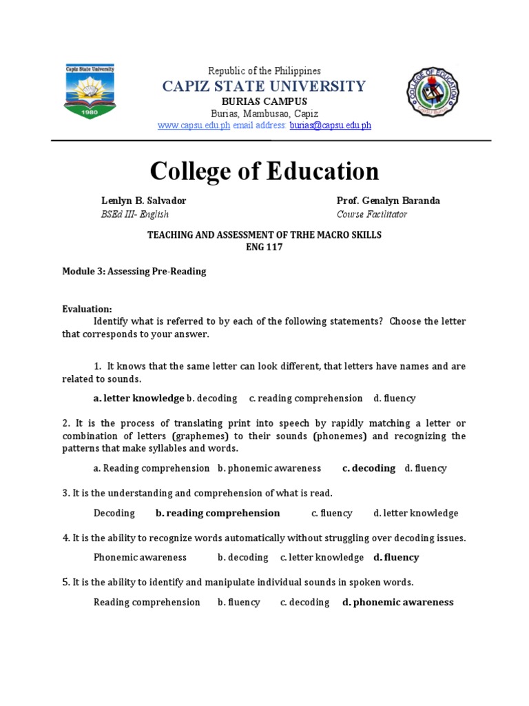 College of Education: Capiz State University | PDF | Reading Comprehension | Behavior Modification