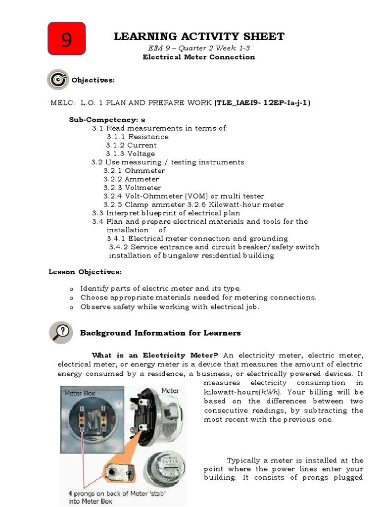 Learning Activity Sheet: Electrical Meter Connection | PDF | Electrical ...