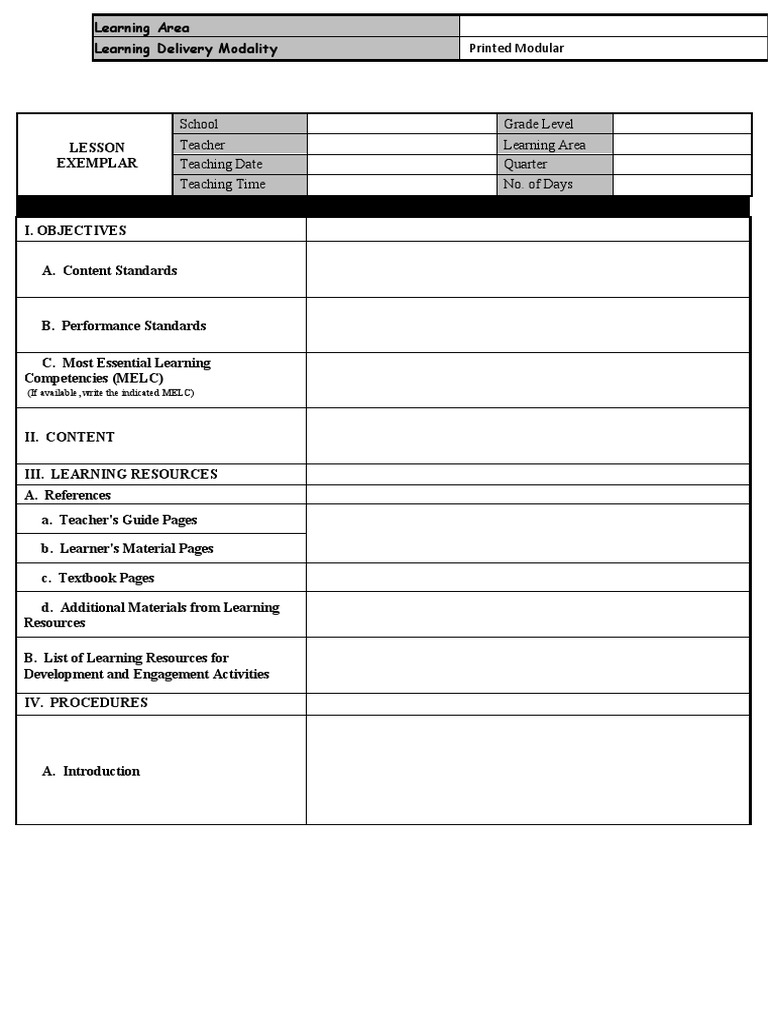 Template For Lesson Exemplar | PDF