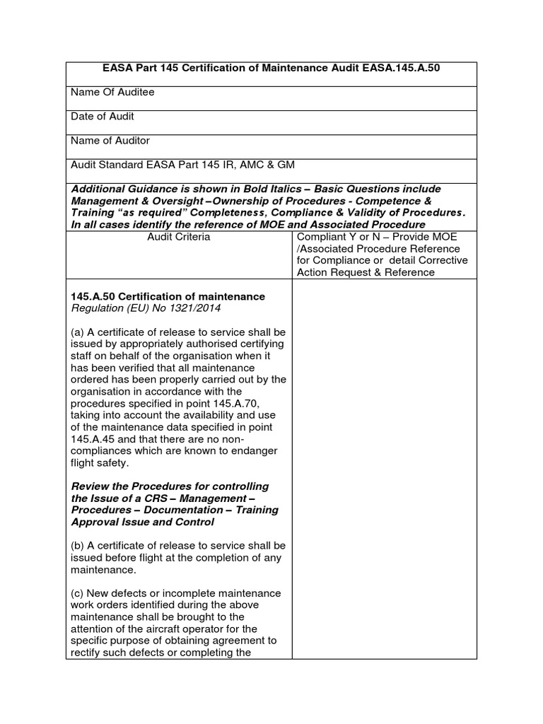 EASA Part 145 Certification of Maintenance Audit EASA.145.a.50 R0 | PDF ...