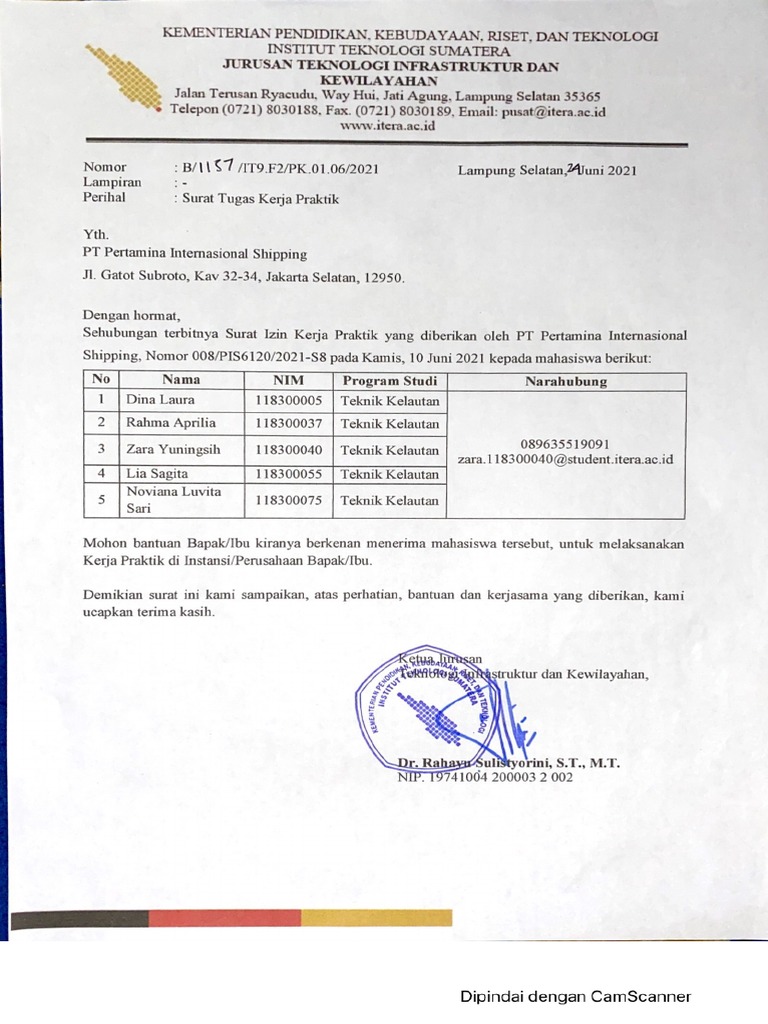 Surat Tugas KP ITERA | PDF