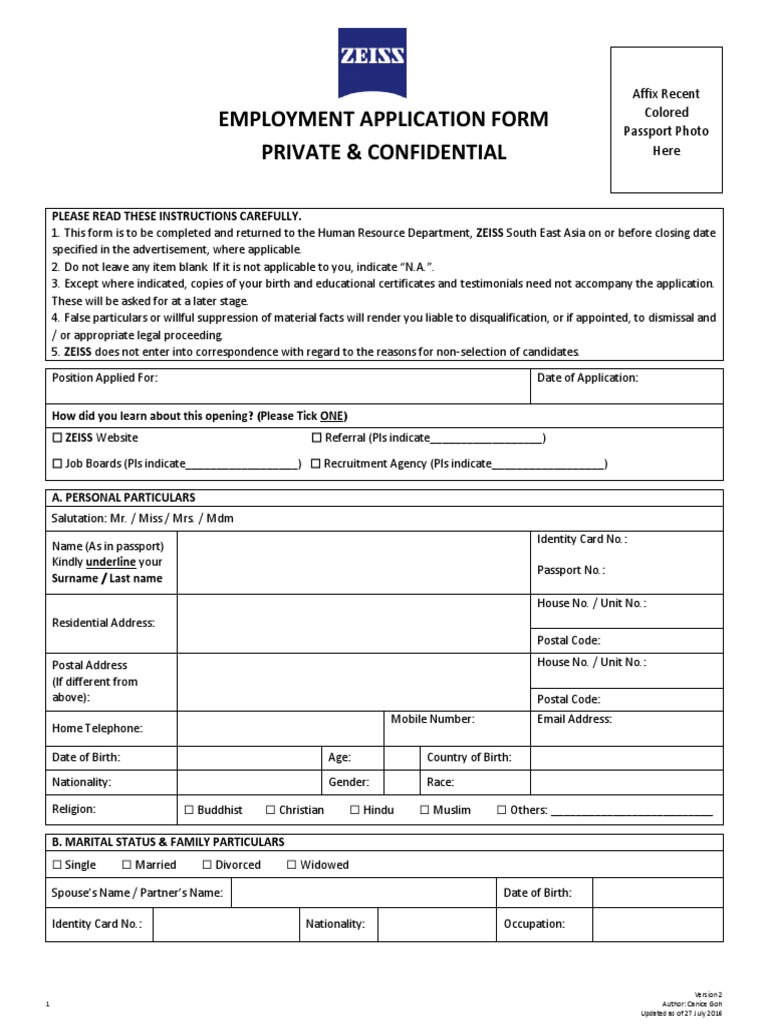 Employment Application Form Private & Confidential: Please Read These ...