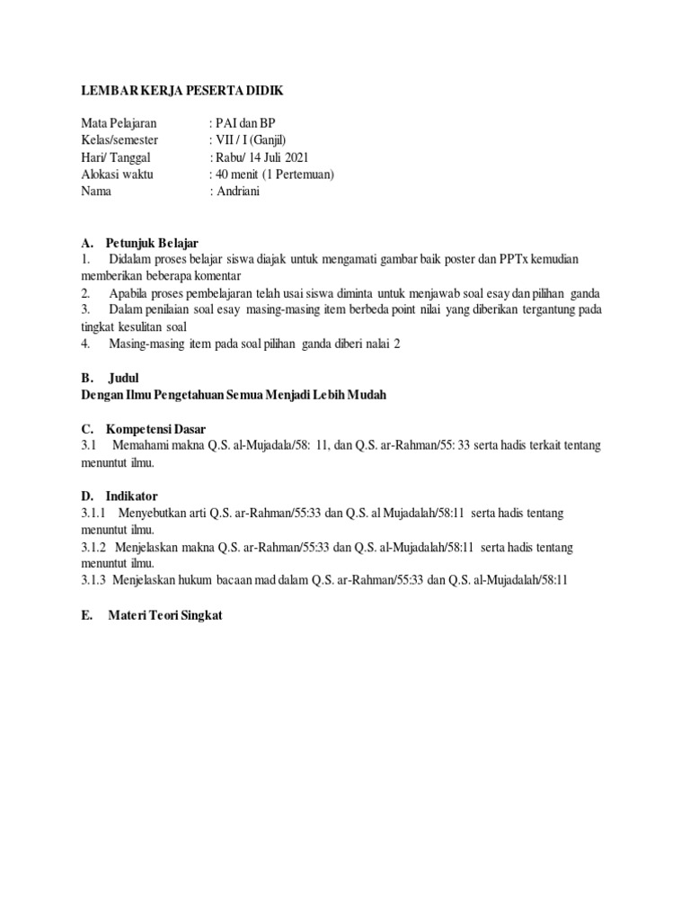 LKPD Contoh Lokakarya 2021 | PDF