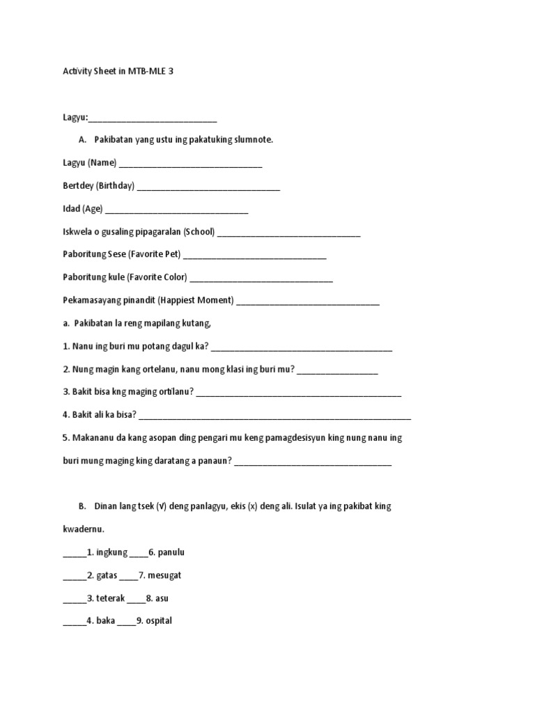 Activity Sheet in MTB | PDF