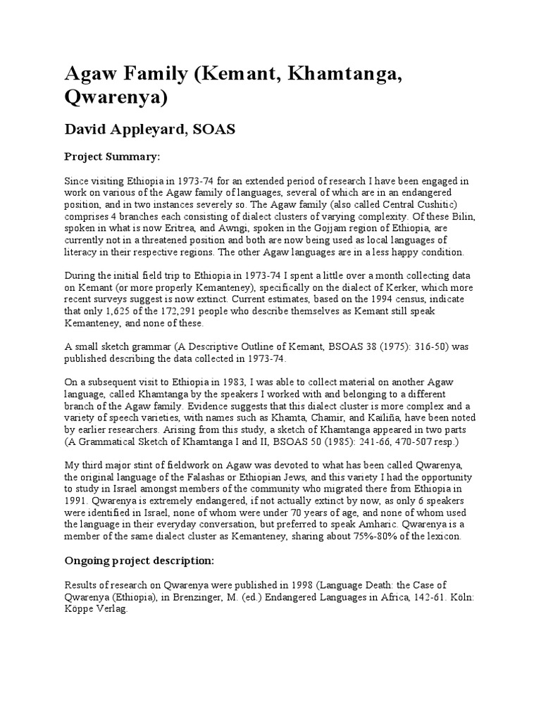 Agaw Family (Kemant, Khamtanga, Qwarenya) : David Appleyard, SOAS | PDF ...