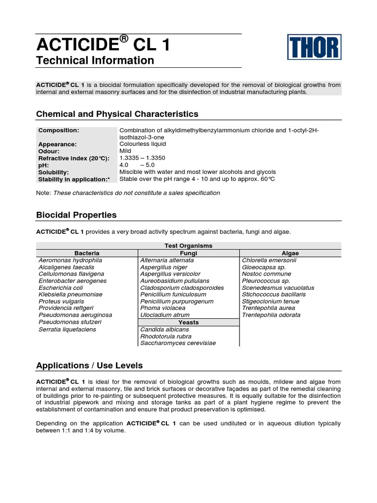 Acticide CL1: ® Technical Information | PDF | Chlorine | Disinfectant