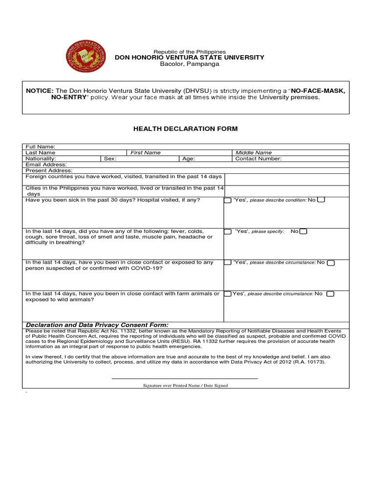 DHVSU Health Declaration FORM | PDF | Diseases And Disorders | Clinical Medicine