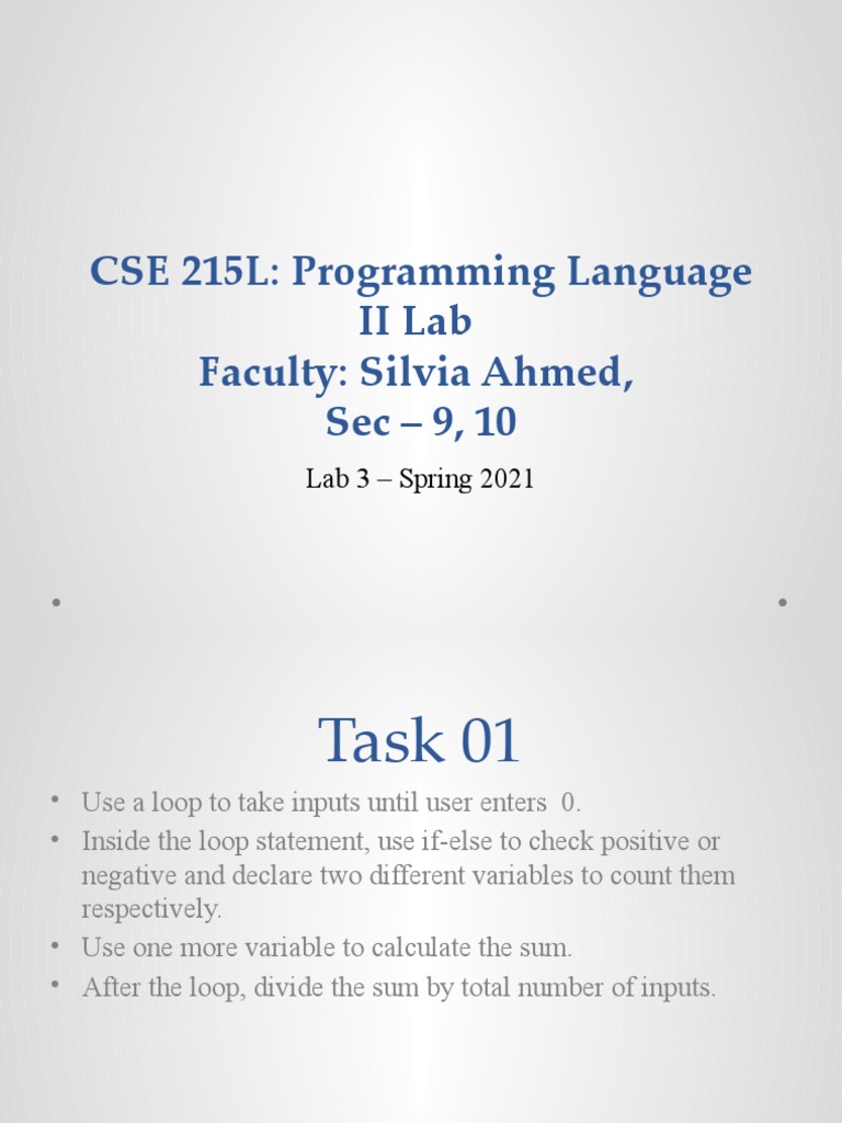 CSE 215L: Programming Language II Lab Faculty: Silvia Ahmed, Sec - 9, 10 | PDF