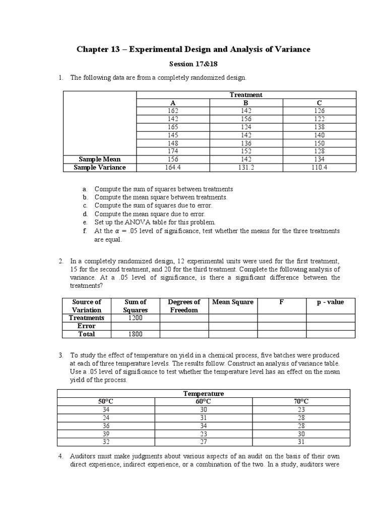 Chapter 13 - Experimental Design and Analysis of Variance: Treatment A B C | PDF | Analysis Of ...