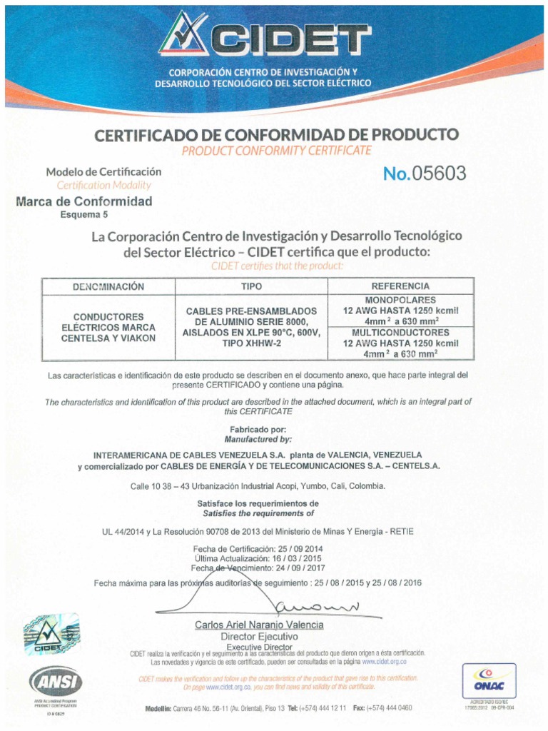 Certificado 05603 - Cables Pre-Ensamblados de Aluminio Serie 8000, Aislados en XLPE 90C, 600V ...