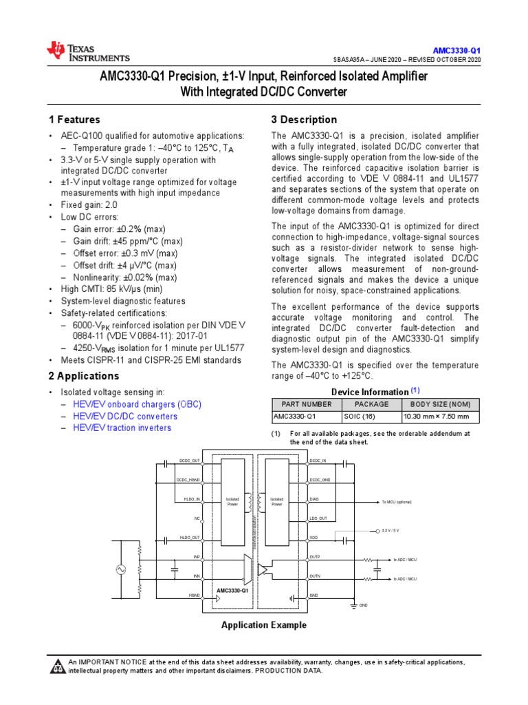 AMC3330-Q1 Precision, 1-V Input, Reinforced Isolated Amplifier With ...