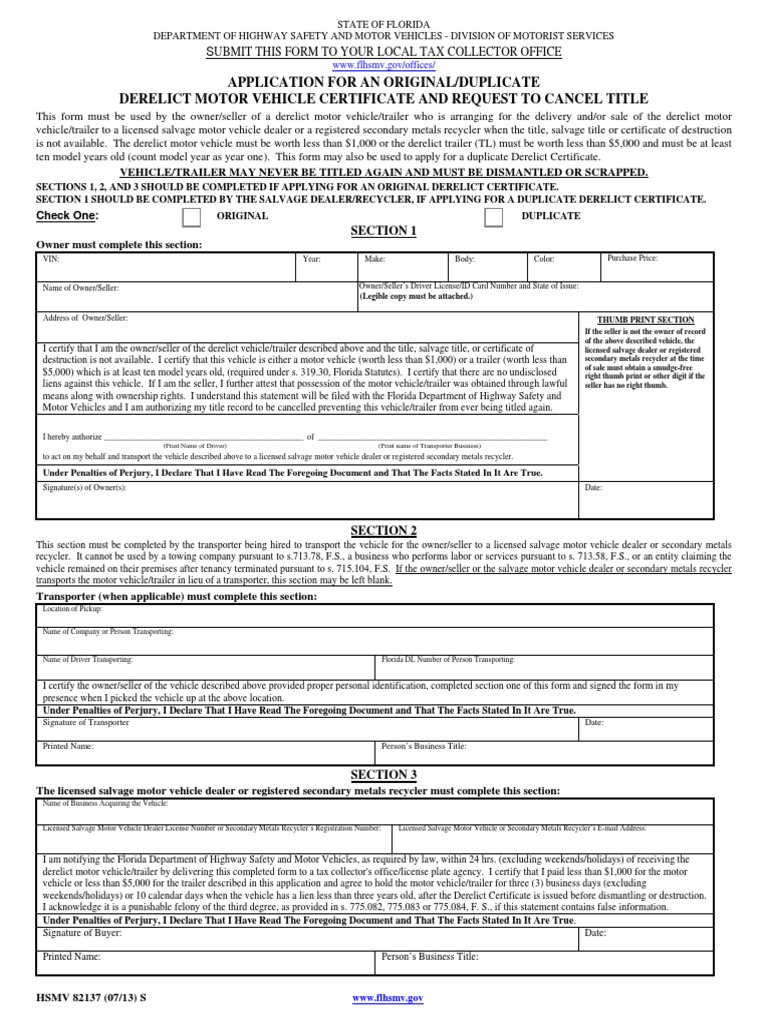 Derelict Motor Vehicle Certificate | PDF | Vehicles | Vehicle ...