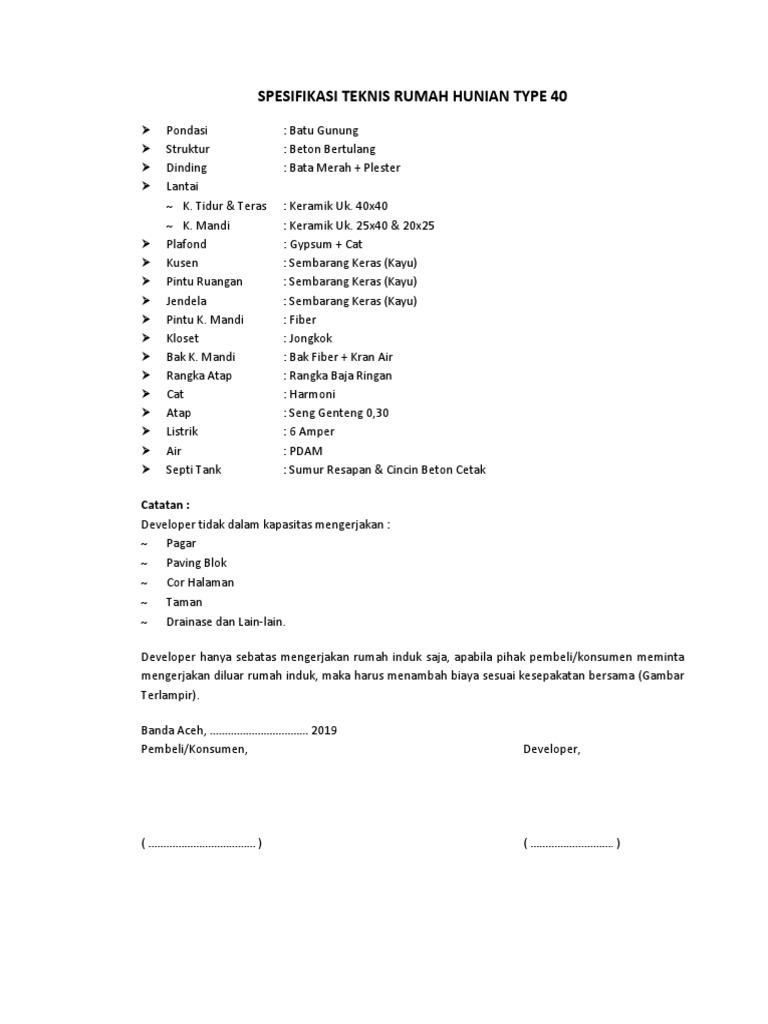Spek Teknis Rumah Type 40 | PDF