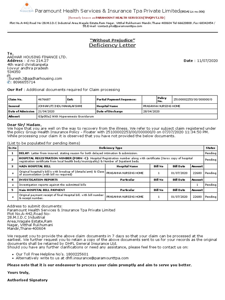 Paramount Health Services & Insurance Tpa Private Limited: Deficiency ...