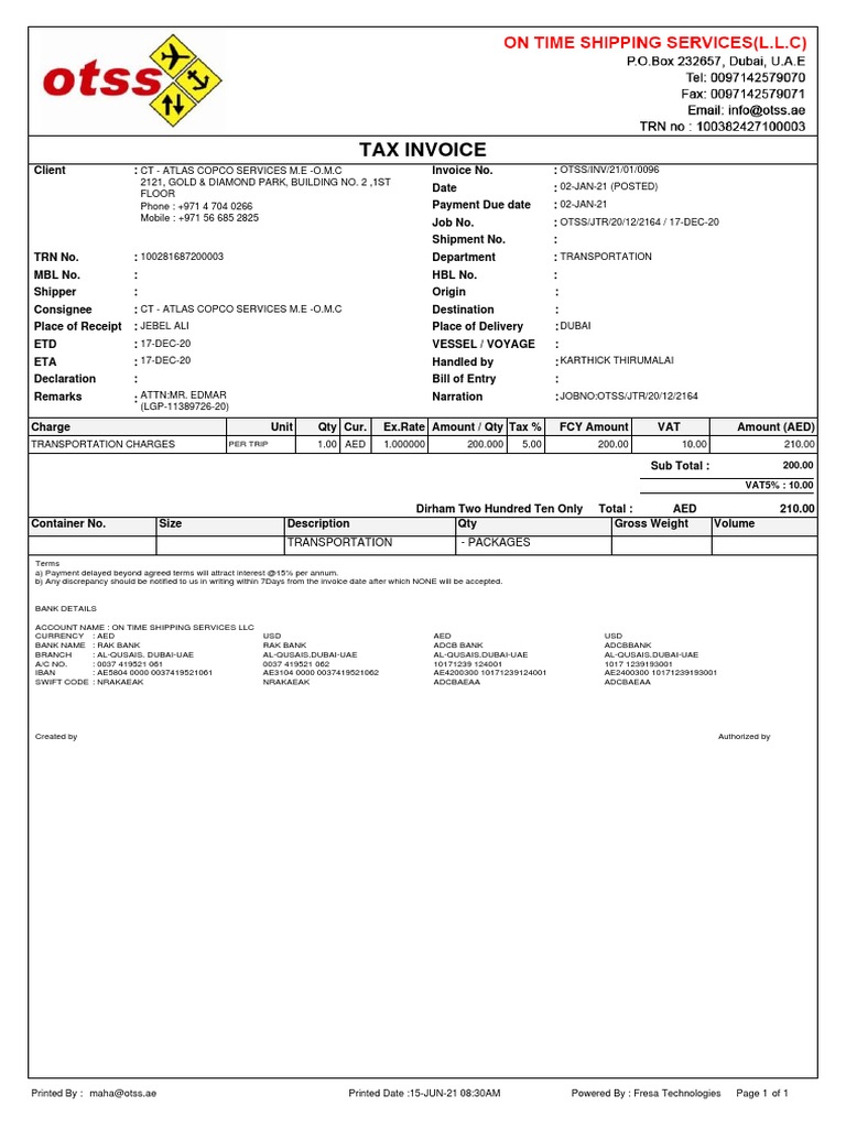 Tax Invoice: Transportation - Packages | PDF | Invoice | Trade