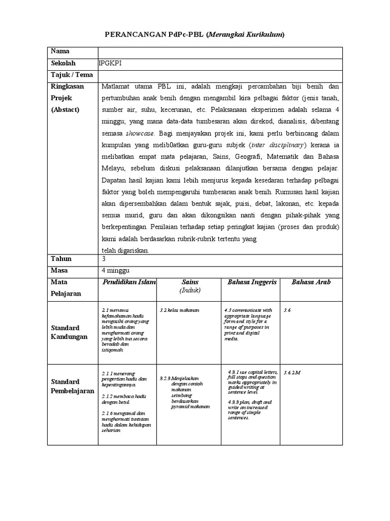 Contoh Perancangan PBL (Merangkai Kurikulum Tahun 3 | PDF