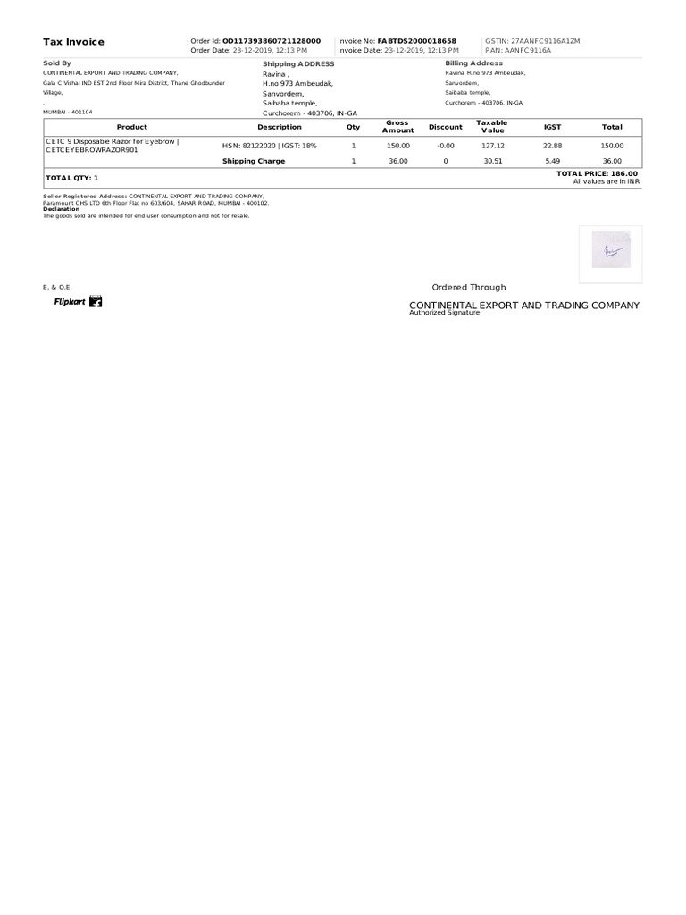 Tax Invoice: Product Description Qty Gross A Mount Discount Taxable V ...