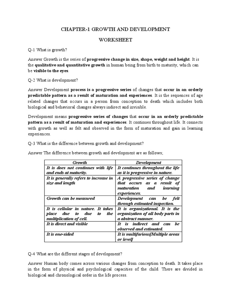 Chapter-1 Growth and Development Worksheet | PDF | Psychology | Family