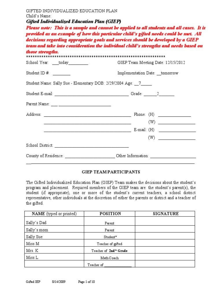 Sample GIEP Sally | PDF | Individualized Education Program | Intellectual Giftedness