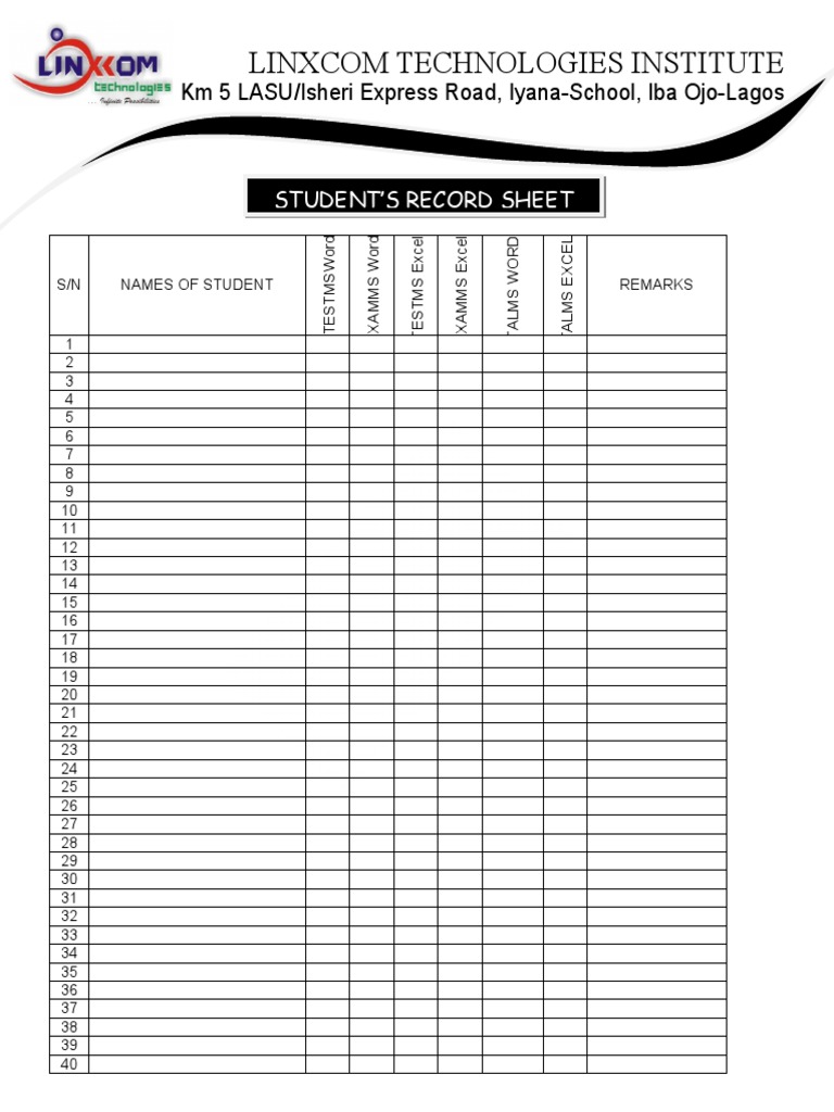 Student Record Sheet for LINXCOM Institute | PDF