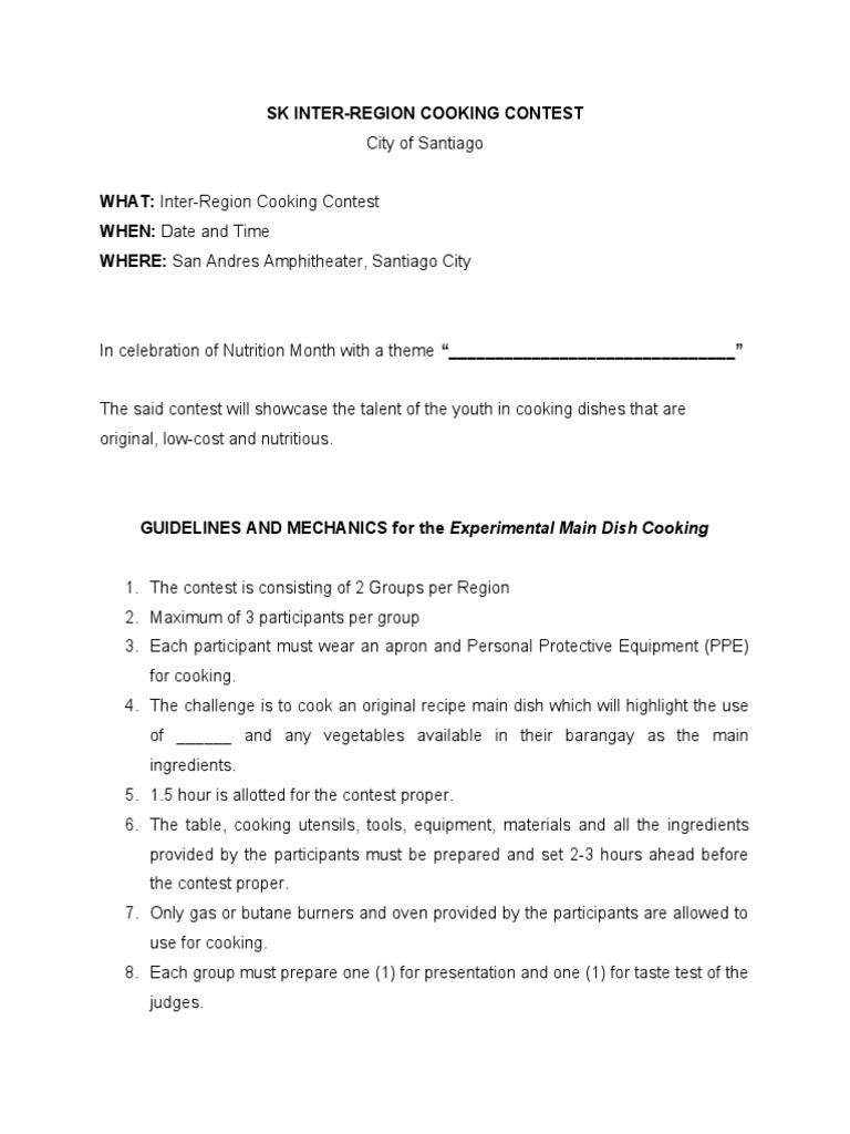 Guidelines For SK Inter-Region Cooking Contest - Draft | PDF | Cooking ...