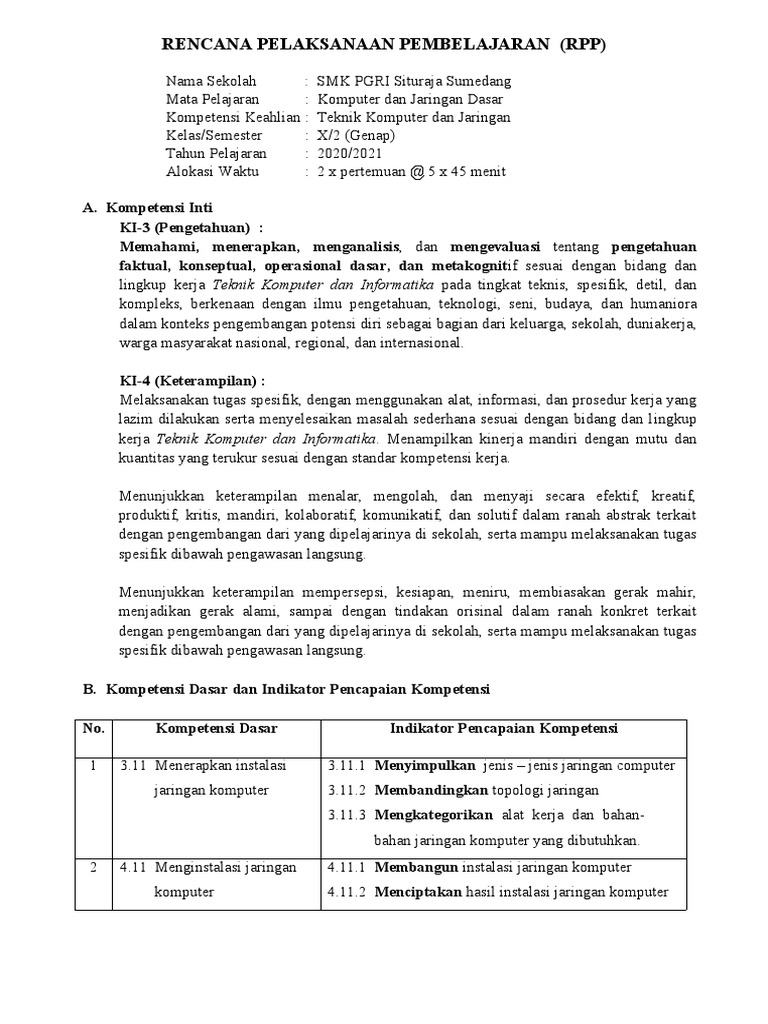 RPP Menerapkan Instalasi Jaringan Komputer | PDF