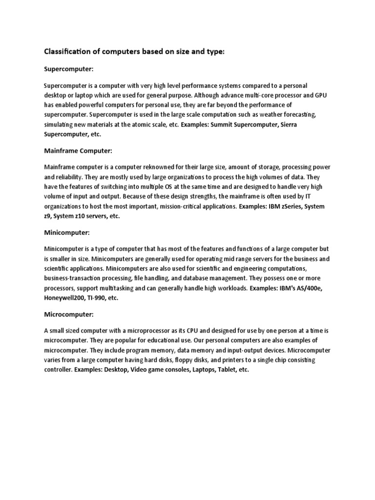 Classification Of Computers Based On Size And Type PDF
