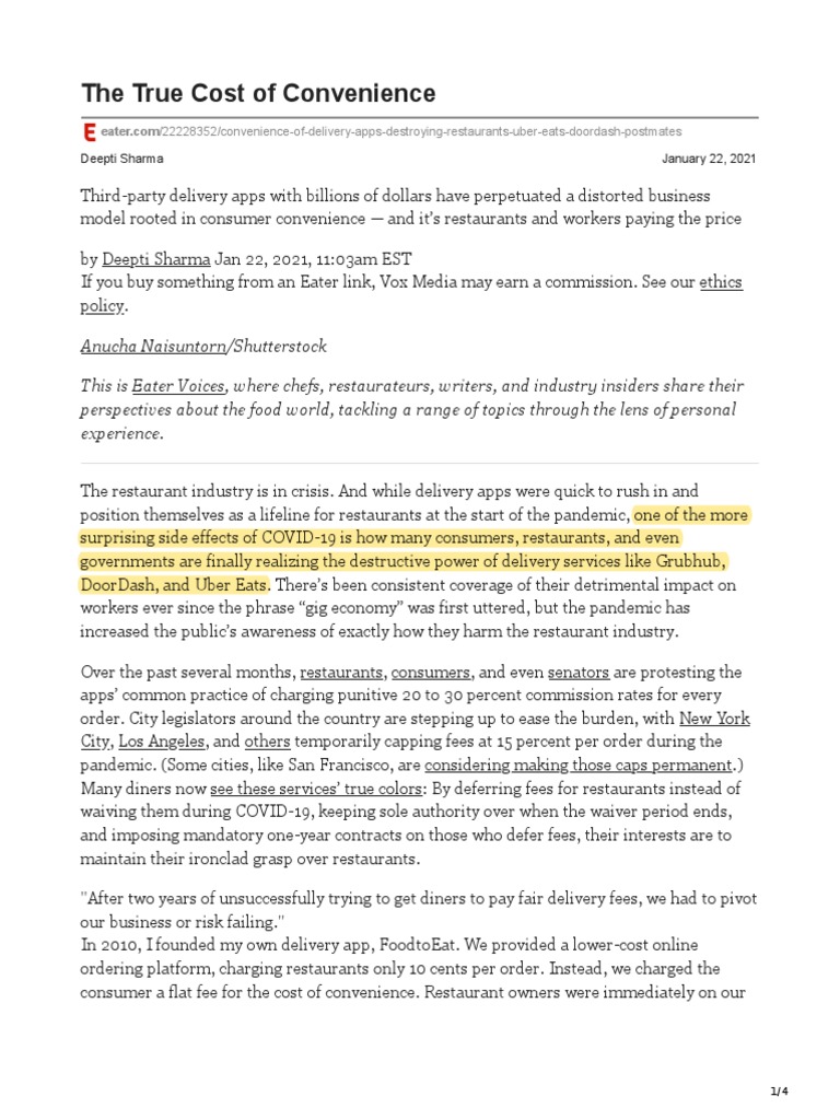 The True Cost of Convenience | PDF | Restaurants | Fee