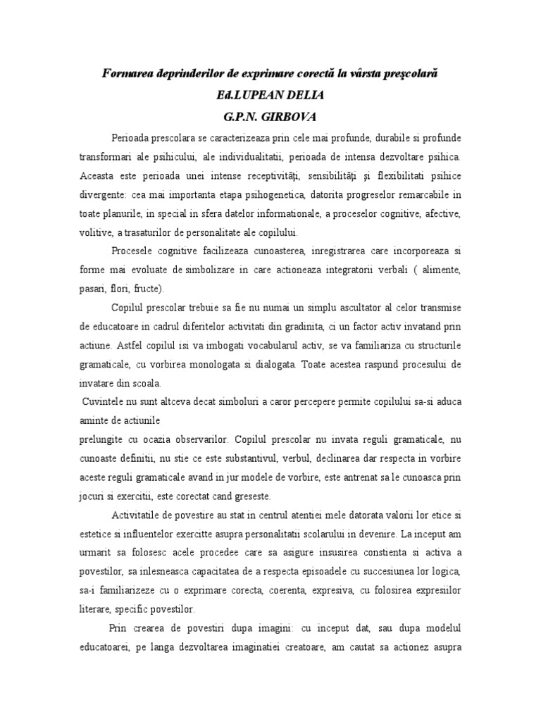 Formarea Deprinderilor de Exprimare Corecta La Varsta Prescolara | PDF