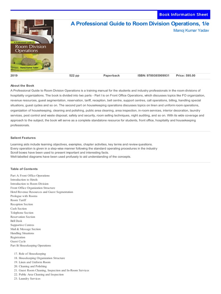 A Professional Guide To Room Division Operations, 1/e: Book Information ...