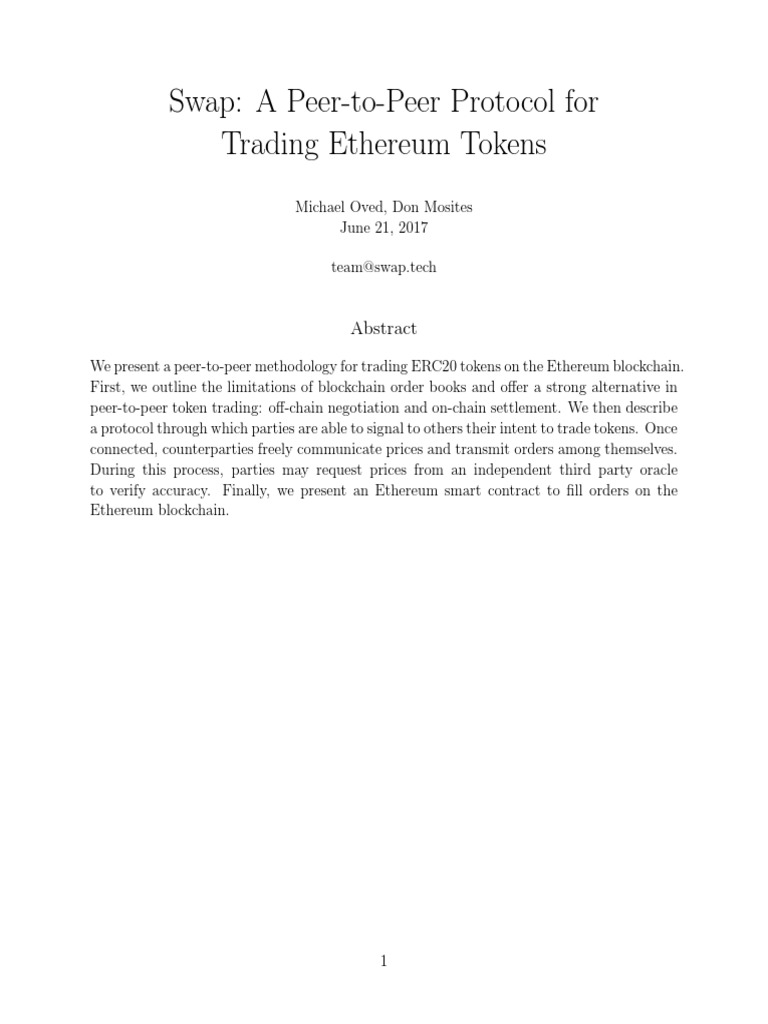 Swap: A Peer-to-Peer Protocol For Trading Ethereum Tokens | PDF | Peer To Peer | Computer Science