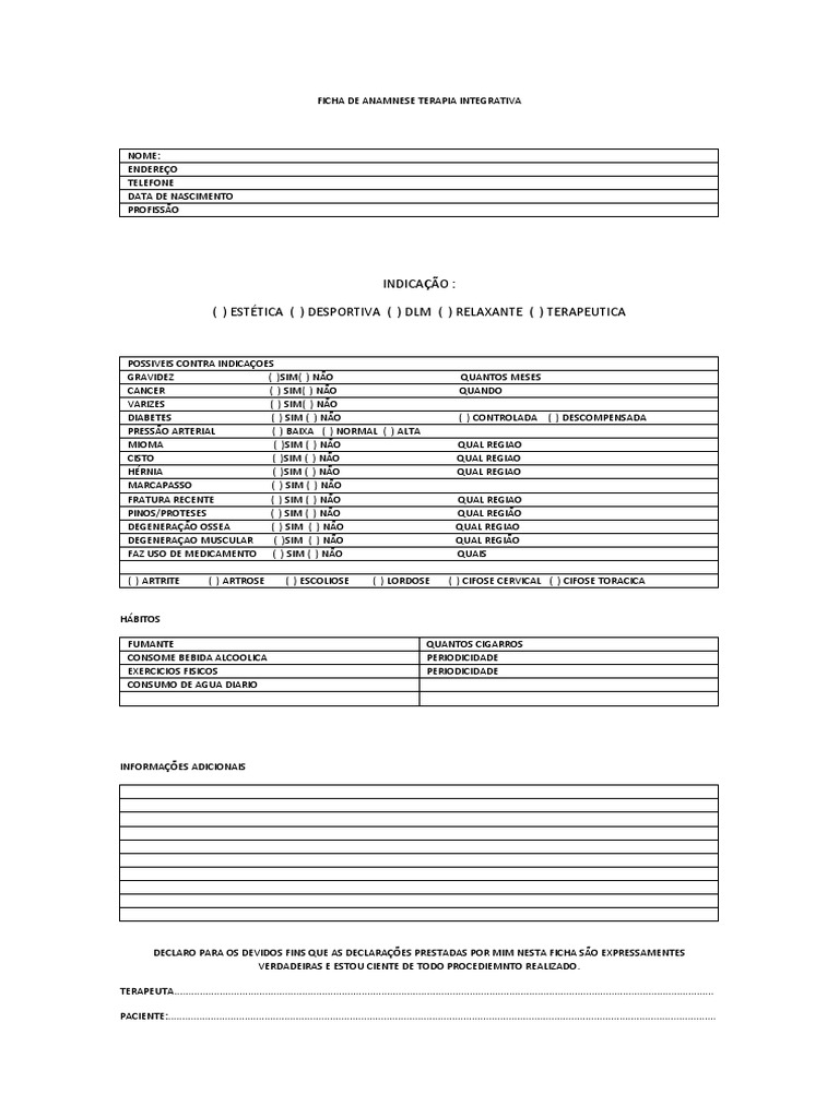 Ficha de Anamnese Terapia Integrativa | PDF | Ciências da Saúde | Saúde pública