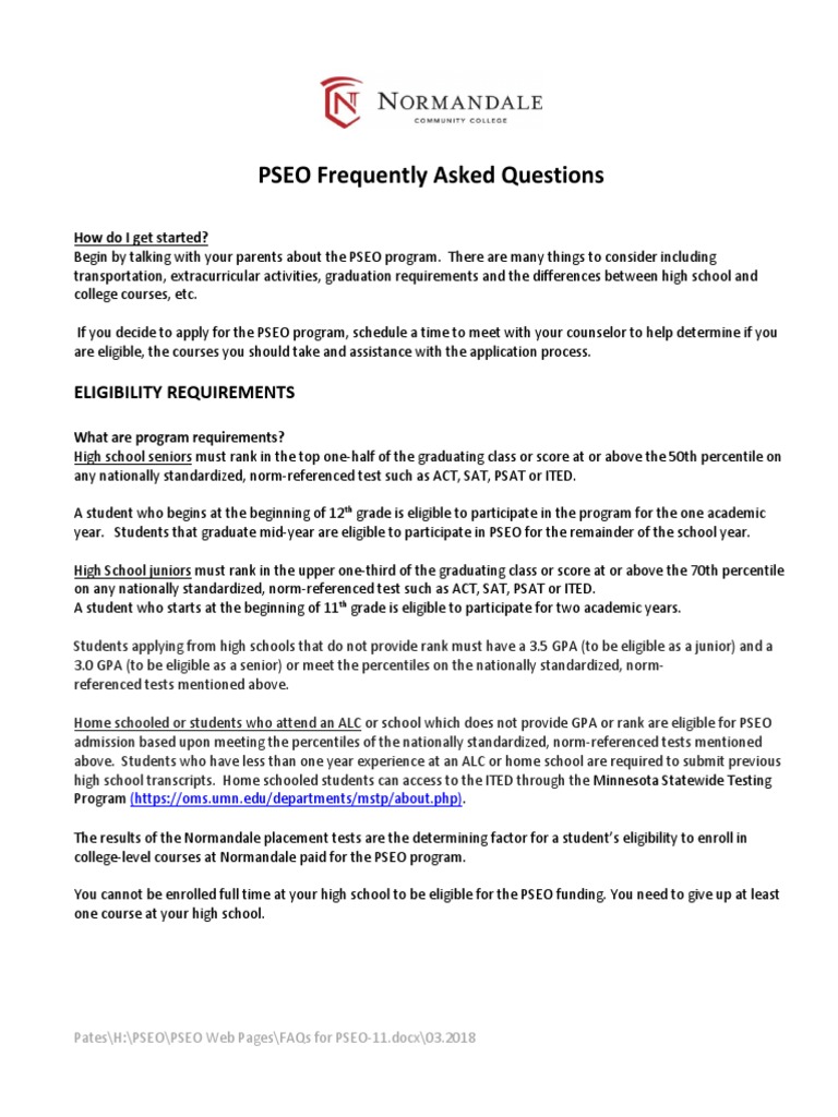PSEO Frequently Asked Questions: Eligibility Requirements | PDF | Sat ...