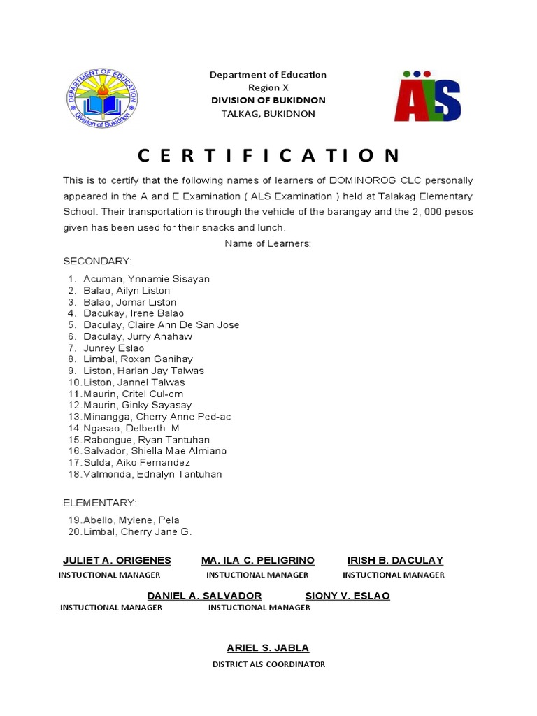 ALS Examination Certification List | PDF