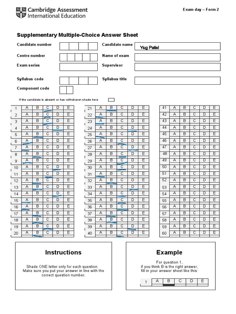 Supplementary Multiple-Choice Answer Sheet: Example Instructions | PDF ...