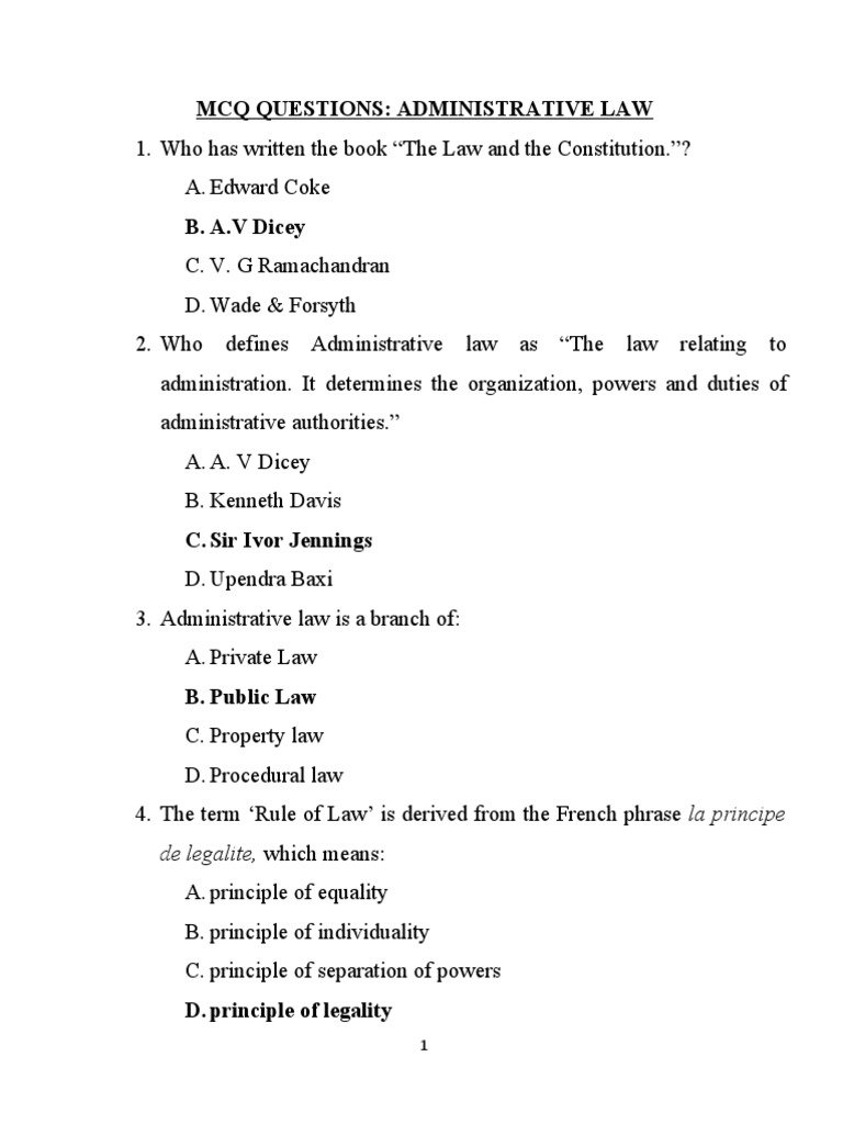 Administrative Law MCQs and Answers | PDF | Separation Of Powers | Writ