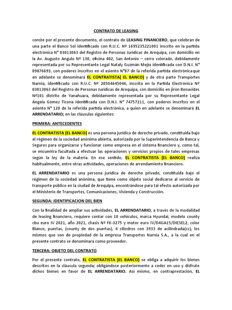 Contrato de Leasing | PDF | Arrendamiento | Bancos