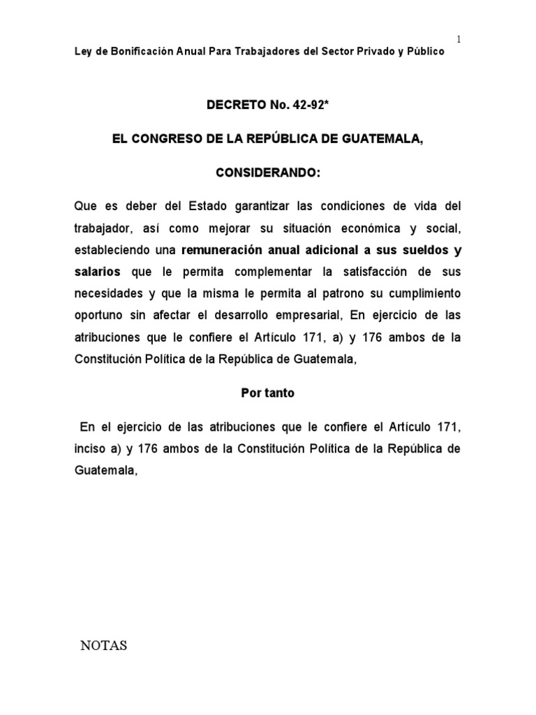 Ley de Bonificacin Anual para Trabajadores Del Sector Privado y Pblico Decreto 42-92 | PDF ...
