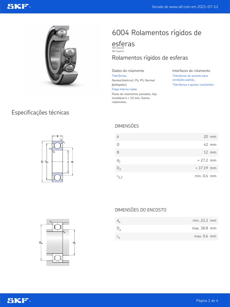 Especificações técnicas e dados de engenharia para rolamentos rígidos ...
