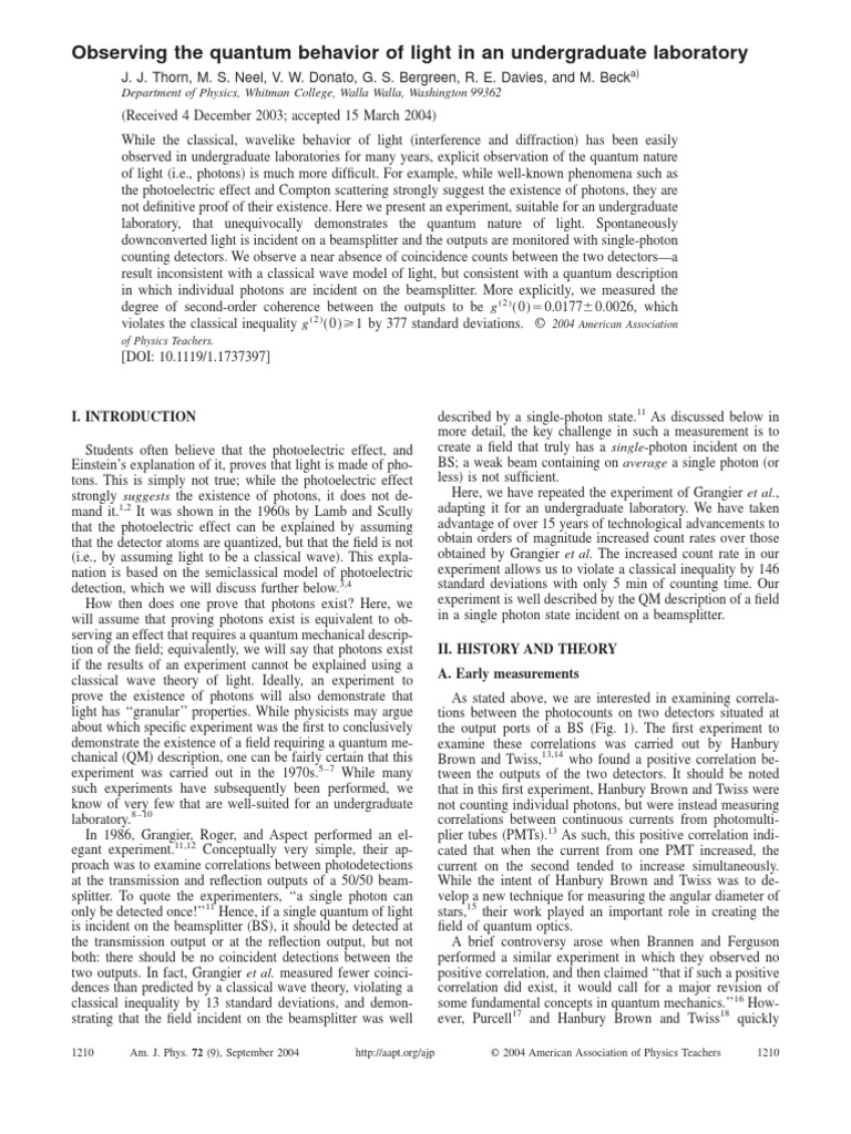 Observing The Quantum Behavior of Light in An Undergraduate Laboratory ...
