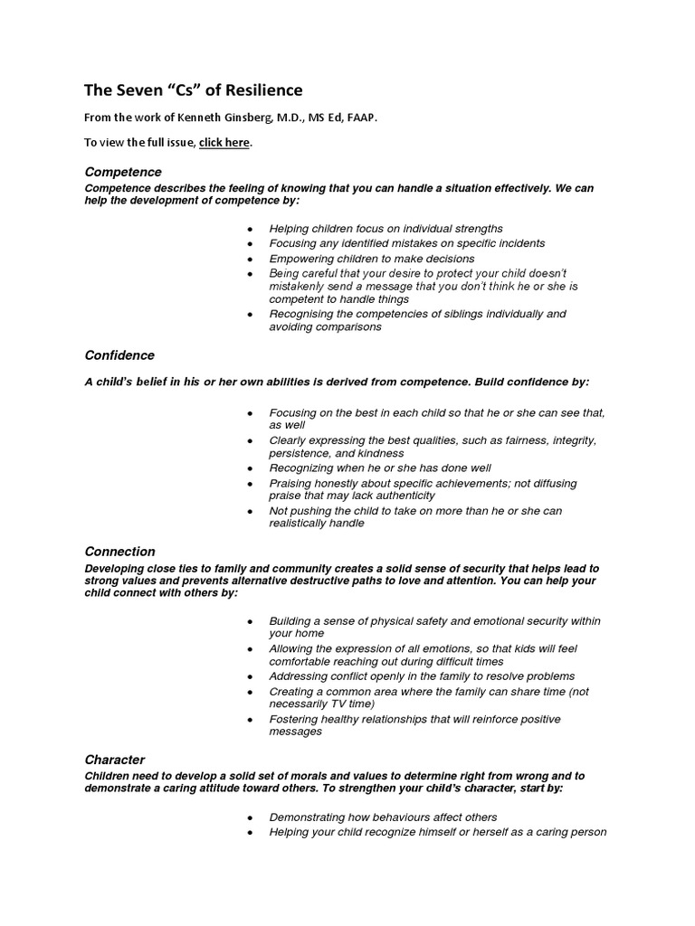 Seven Cs of Child Resilience Guide | PDF | Psychological Resilience ...