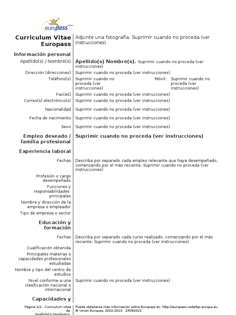 Plantilla para CV Con Formato Europeo Europass | PDF | Cognición ...
