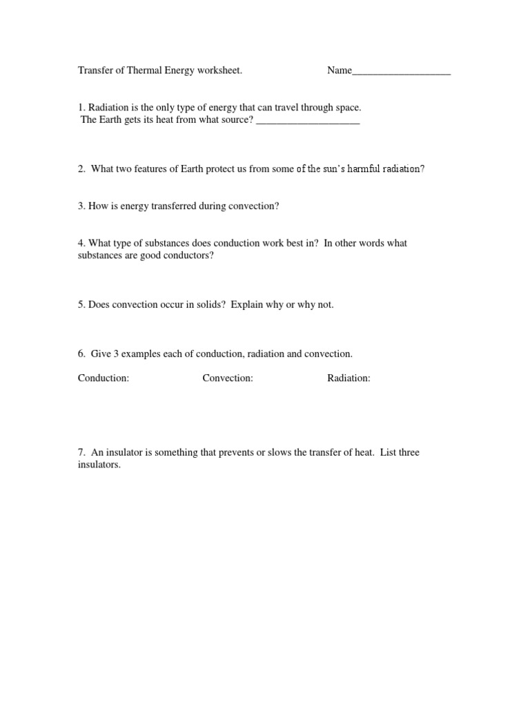 Transfer of Thermal Energy Worksheet | Download Free PDF | Heat ...
