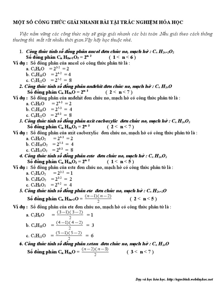 Cong Thuc Giai Nhanh Trac Nghiem Hoa Hoc | PDF