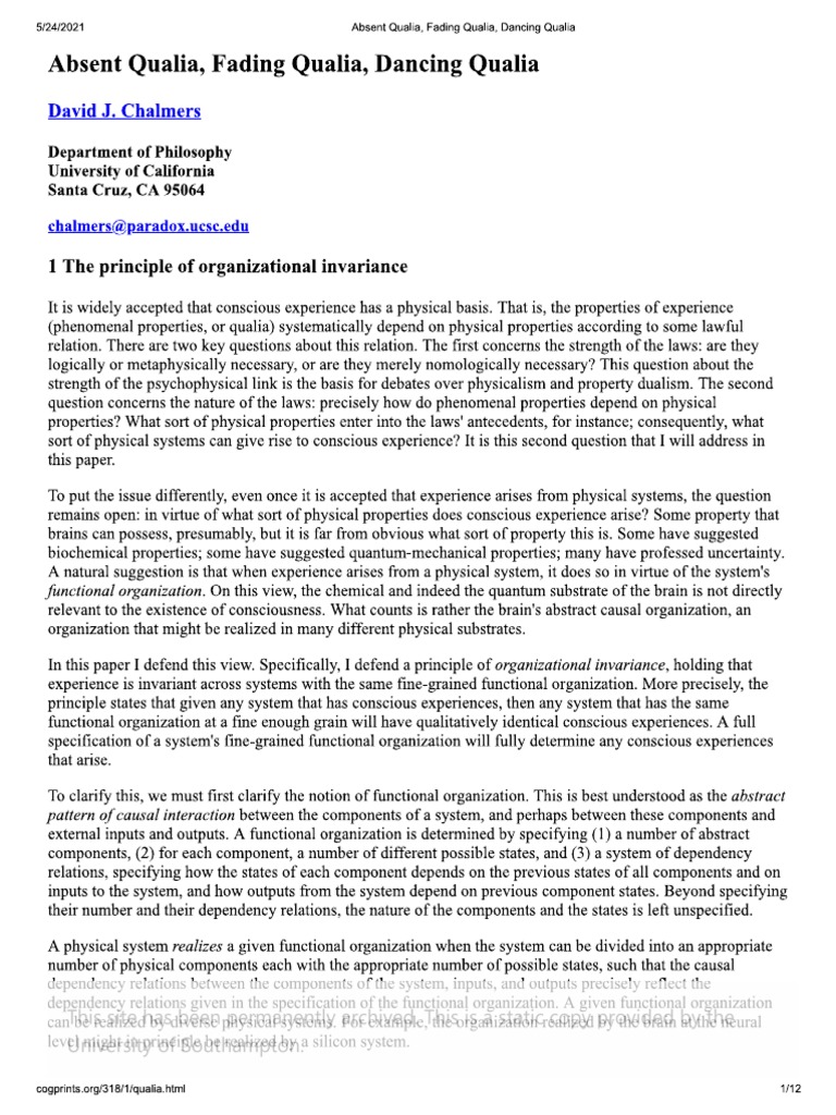 Absent Qualia, Fading Qualia, Dancing Qualia - Chalmers | PDF